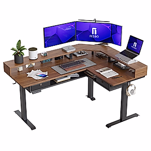 FEZIBO L Shaped Standing Desk with LED Strip & 2 Drawers, Triple Motors Supports Over 300lbs, Upper and Lower Storage Shelves Available, Electric Height Adjustable, for Home Office, Black Walnut