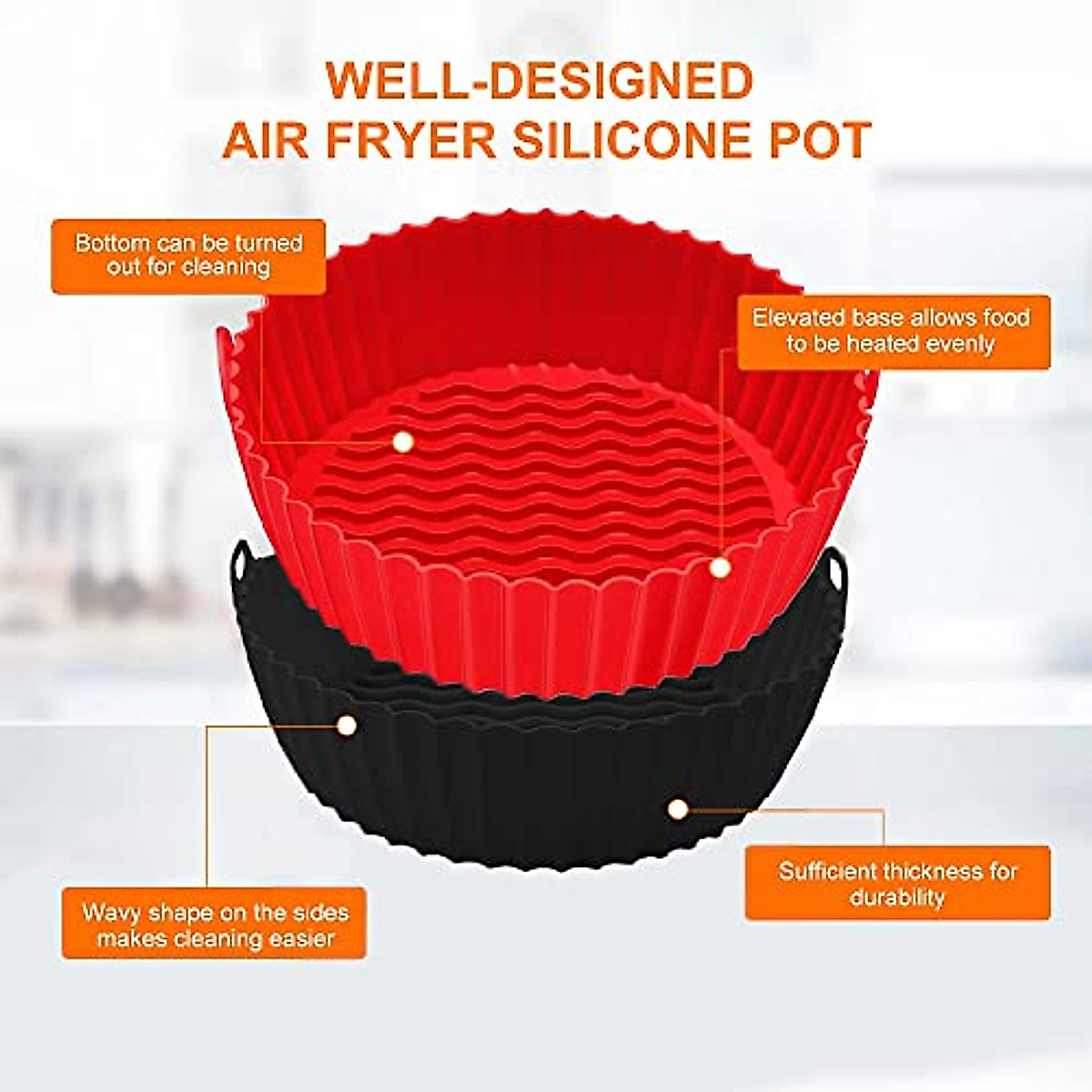 2 Pcs Air Fryer Silicone Liners Pot for 4 to 7 QT - 8 Inch Reusable Air Fryer Liners with 1 Pack of Black Silicone Mitt - Replacement of Flammable Parchment Liner Paper (Black & Red)