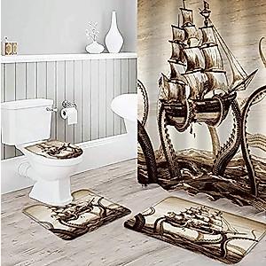 BestLives 4 Pcs Shower Curtain Sets with Rugs Pirate Boat Non-Slip Soft Toilet Lid Cover for Bathroom Ocean Animal Kraken Octopus Bathroom Sets with Bath Mat and 12 Hooks