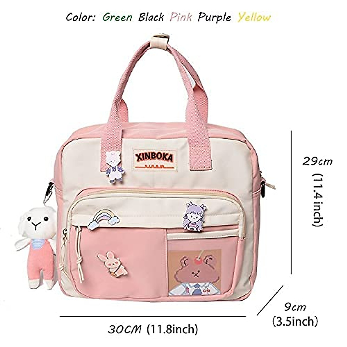 Kawaii Canvas School Backpack with Pendant, Laptop Shoulders Bag, Back to School Off to College Supplies (Pink)