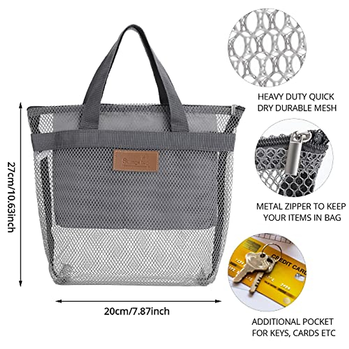 Grevosea Mesh Shower Caddy, Portable Shower Bag Quick Dry Shower Tote Bag with Zipper & 2 Pockets for College Dorms Gym Swimming Beach Travel Sports Games 10.6 * 7.8 Inch (Grey)