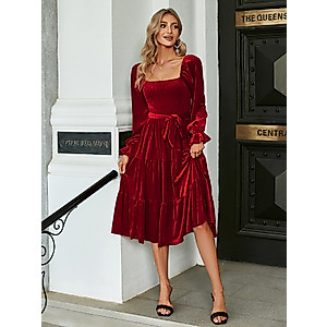 Amegoya Women's Fall Wedding Guest Long Sleeve Velvet Dress Elegant Square Neck Semi Formal Party Midi Bridesmaid Dresses (M Red)