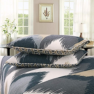 YAYIDAY Bedspread Quilt Set Queen Size - Peach Skin Fabric - Breathable Coverlet with Pillow Shams, Geometry Pattern Modern Grey Beige Black Chevron