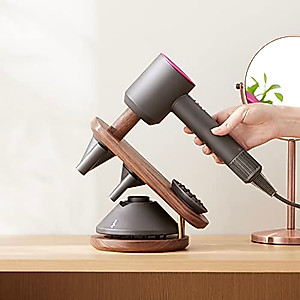 ERGONOW Walnut Wood Hair Dryer Holder Stand for Dyson Supersonic Hair Dryer Diffuser and Nozzles, Heavy Wood Stand Base, Magnetic Stand Holder, Bathroom Organizer (Walnut Hair Dryer+Cord Holder)