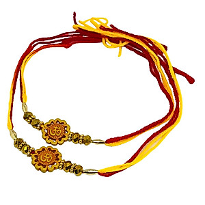 JAGMOR Set of 2 OM Rakhi Thread, Rakhi for Sister, Raksha Bandha Gift for Your Brother, Flower Om Pendant with Golden Beads and Rings Rakhi Thread