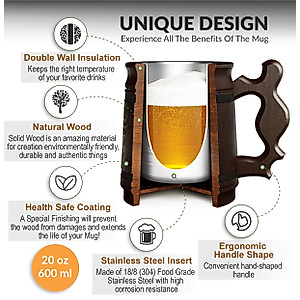 MyFancyCraft Gifts for Men Wood Beer Mug with Box Stainless Steel Cup Men Souvenir Handmade Retro Brown