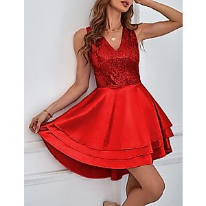 Lrady Women's Sequin Glitter V Neck Skater Mini Club Cocktail Party Swing Dress, Red, Medium