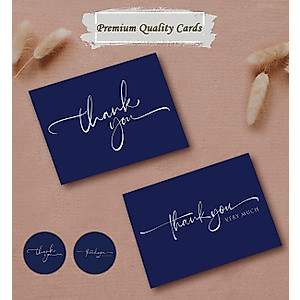120 Classy Navy Blue Thank You Cards Bulk - Professional Looking - Thank You Greeting Notes, Blank Inside with matching Brown Kraft Envelopes & Stickers Perfect for Wedding, Business,Graduation & Much