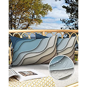 Outdoor Pillow Cover Geometric Blue Modern Waterproof Lumbar Throw Pillowcases Set of 2 Brown Abstract Decorative Patio Furniture Pillows for Couch Garden 20 x 12 Inches