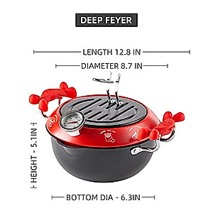 Deep Fryer Pot, Japanese Style Tempura Stainless Steel Outdoor Deep Fry Pot with Thermometer Lid Household Non-stick Frying Pot for Kitchen (Red, 12.8 * 6in 3.5 Quart)