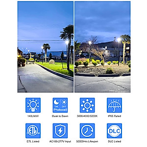 80W LED Post Top Light ETL&DLC Listed 11200Lm Adjustable CCT 3000K/4000K/5000K Dusk to Dawn LED Pole Top Light IP65 Waterproof for Outdoor Commercial Pole Mount Light Fixture AC100-277V