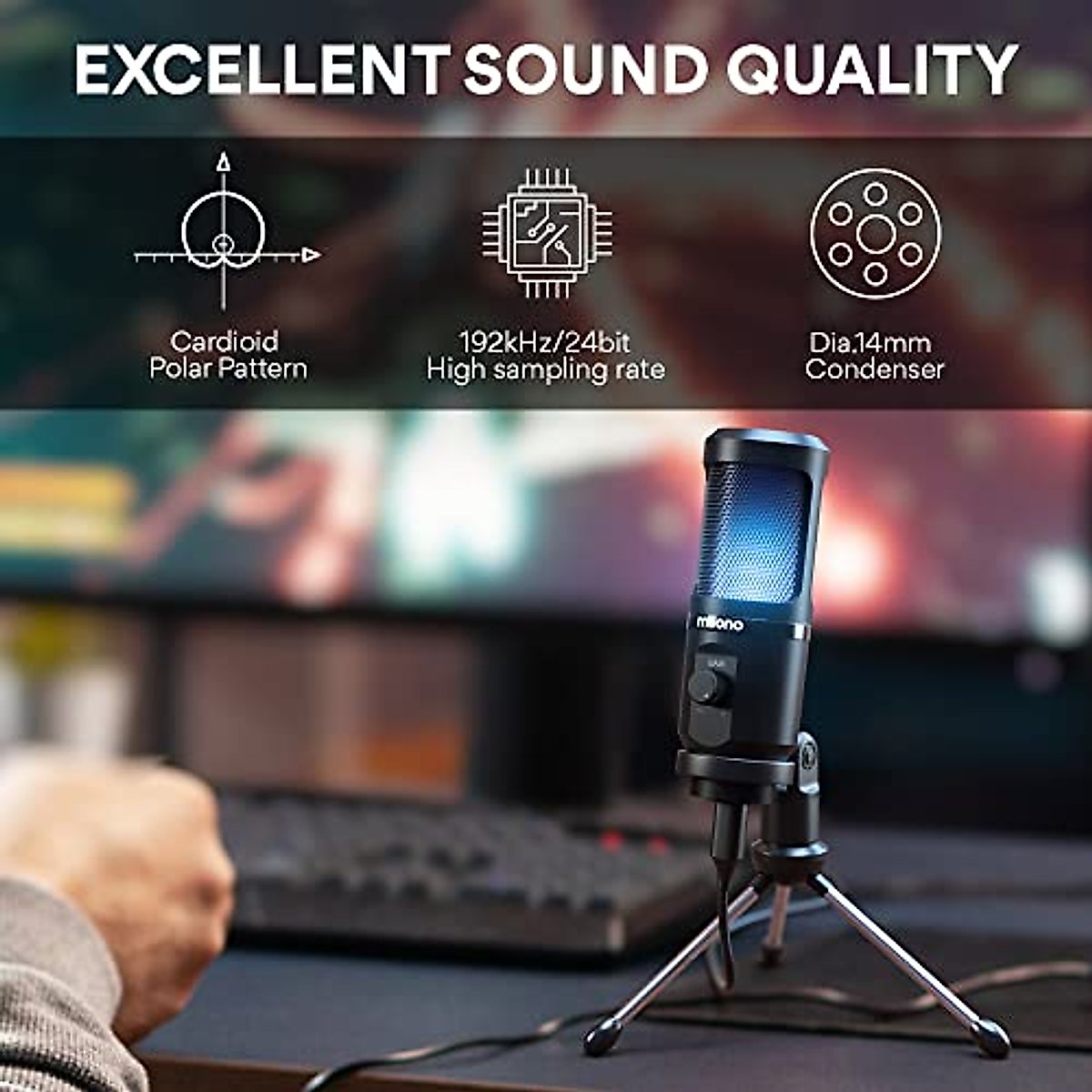 MAONO USB Gaming Microphone for PC, Computer Condenser Mic with Gain Knob, RGB Light, Tripod Stand for Recording, Podcasting, Streaming, Compatible with PS5 PS4 Mac Laptop Desktop (PM461TR RGB)