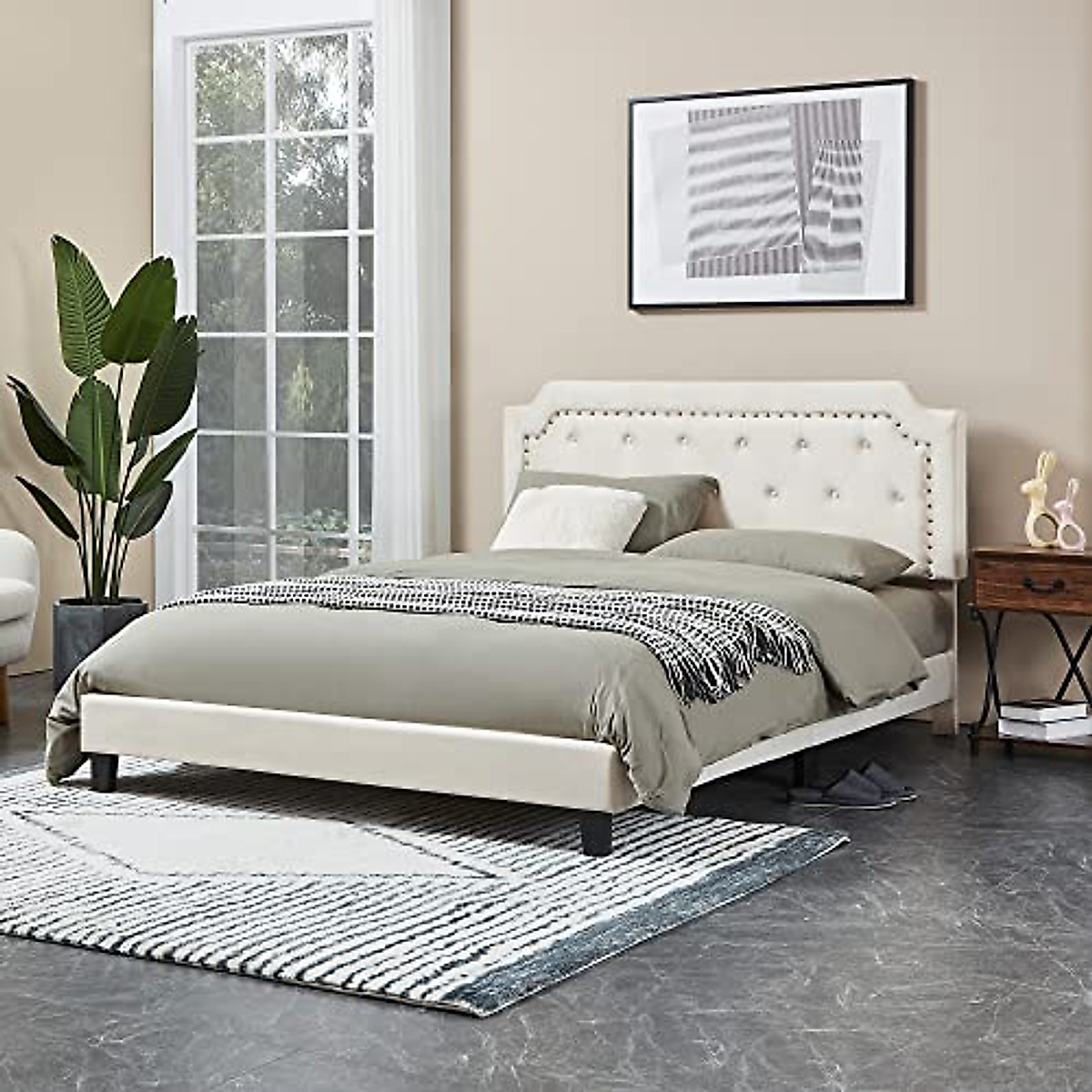 SunsGrove Queen Bed Frame, Velvet Upholstered Platform Bed with Curved Button Tufted Headboard with Nailhead Trim, Solid Wooden Slats Support, No Box Spring Needed, Beige