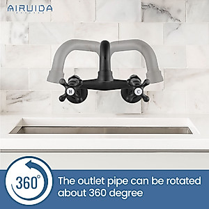 Airuida Matte Black Wall Mount Kitchen Faucet 4 Inch(10cm) Spout Reach Adjustable Center Double Cross Handles Mixer Tap 360 Rotatable Wall Mounted Faucet for Commercial Utility Laundry Restaurant