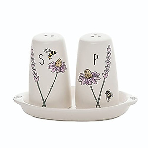 Honey Bees and Lavender 5.25 x 3.5 inch Dolomite Stoneware Salt & Pepper Shaker Set with Caddy