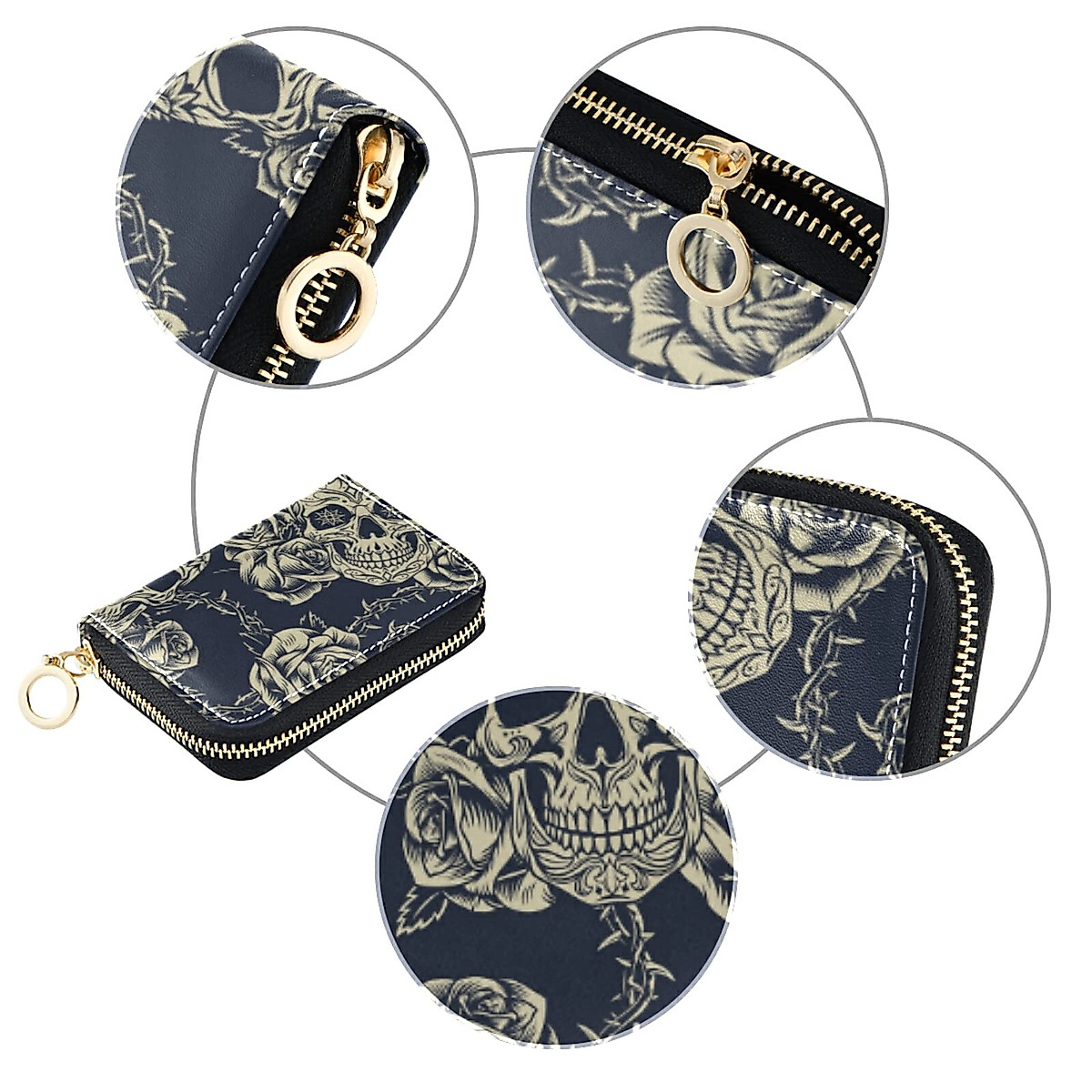 Seamless Vintage Sugar Skulls with Roses Flowers on DarkGrey Credit Card Coin wallet, RFID Blocking Compact Women Leather Card Holder, Key Change Organizer, Zipper Purse Clutch Pouch