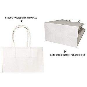 [50 Bags] 10 X 5 X 13 White Kraft Paper Gift Bags Bulk with Handles. Ideal for Shopping, Packaging, Retail, Party, Craft, Gifts, Wedding, Recycled, Business, Goody and Merchandise Bag