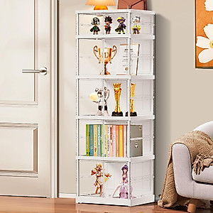 EHAMILY 5-Tier 5Grids Folding Storage Box with Doors Clear Plastic Collapsible Storage Bins with Lids Easy to Assemble Foldable Storage Cabinets with Wheels Large Stackable Closet Organizer White