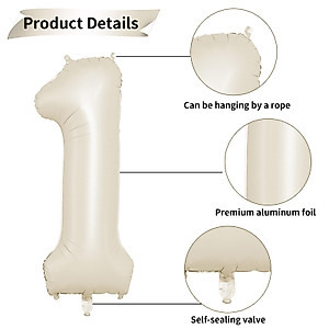 40 Inch Cream Number 1 Balloon, Beige Large 1st Birthday Balloons, Digital 1 Cream White Giant 1 Foil Balloon Helium for 1st Birthday Decorations First Year Boys Girls Baby Shower Party Supplies