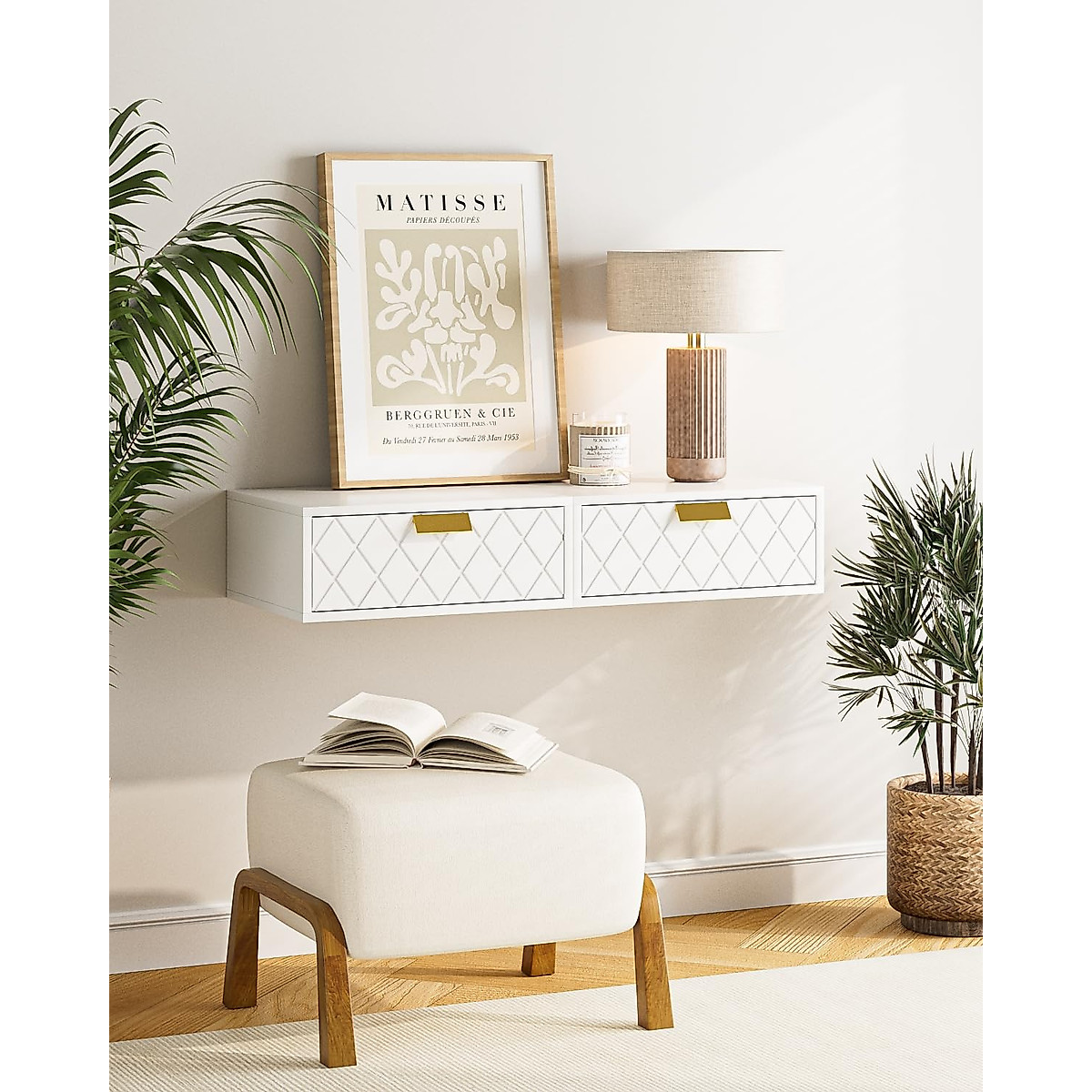 Aobafuir Floating Nightstand Shelf with Drawer, Small Modern Wall Mounted Nightstand, Shelves for Bedroom, White Diamond