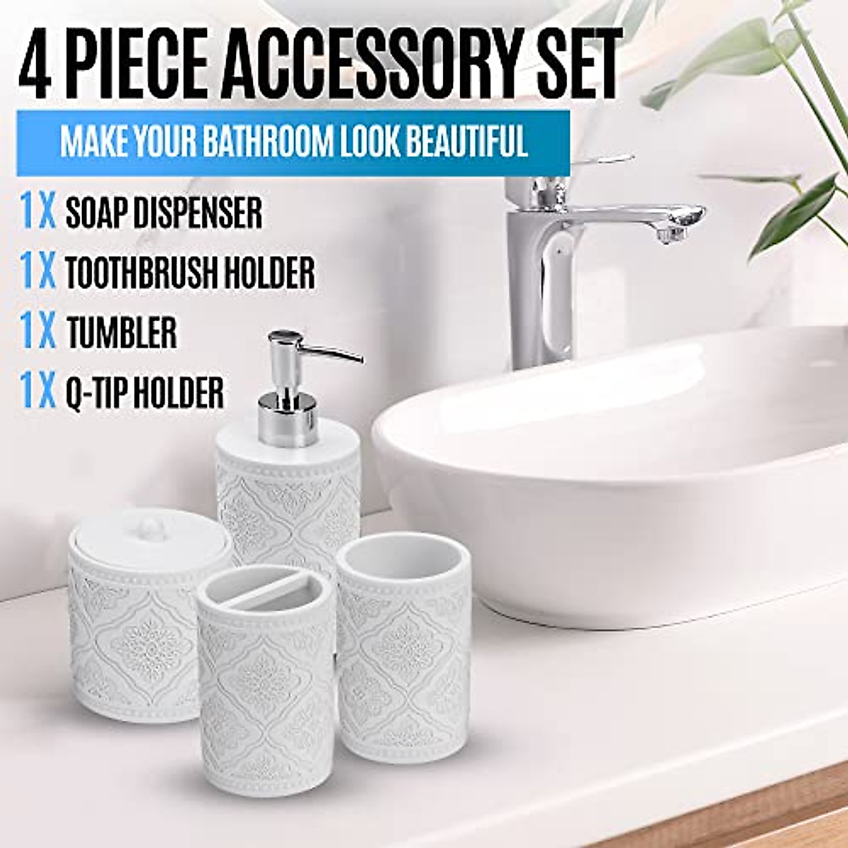 Kralix 4 Piece White Bathroom Accessories Set, Modern White Soap Dispenser Set, White Toothbrush Holder Set, Tumbler and Qtip Holder, Embossed White Bathroom Decor Accessory Set, Accesorios para Baño