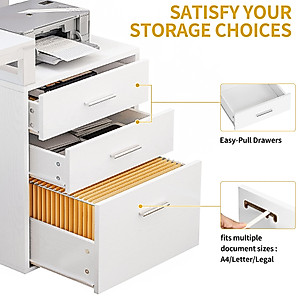 DWVO L Shaped Desk with Power Outlets & LED Lights, 65" Computer Desk with Drawers, Corner Desk Office Desk with File Cabinet & Printer Stand, White