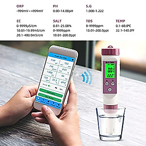 Digital PH Meter, 7 in 1 Bluetooth PH, TDS, EC, ORP, SG, Salinity and Temperature Tester Pen 0.01 High Accuracy for Household Drinking, Hydroponics, Pools and Aquarium