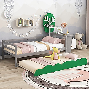 Lifeand Twin Size Wooden Daybed with Desk, Green Tree Shape Shelves and Trundle, Gray