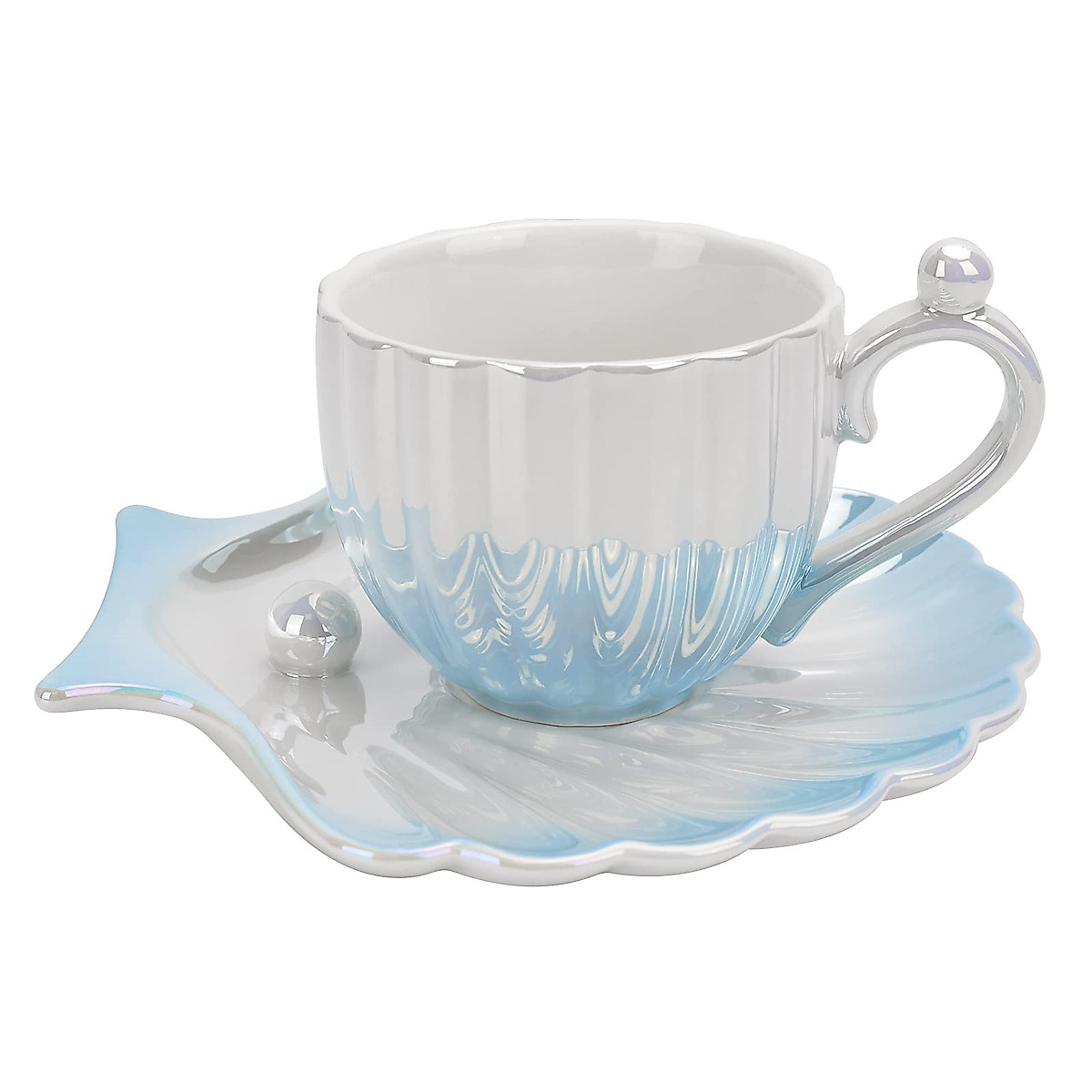 Koythin Ceramic Coffee Mug with Saucer, Creative Pearl Shell Cup, Cute Coffee Mugs for Office and Home, 6.5 oz/200 ml for Tea Latte Milk (Gradient Blue)
