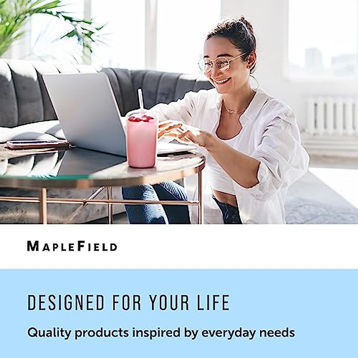 Maplefield Glass Tumbler with Dome Lid for Frappes, Smoothies & Iced Coffee - Dishwasher Safe Glass Tumbler with Straw - Spill-Resistant Iced Coffee Tumbler - Iced Coffee Cup - 16oz [Clear]