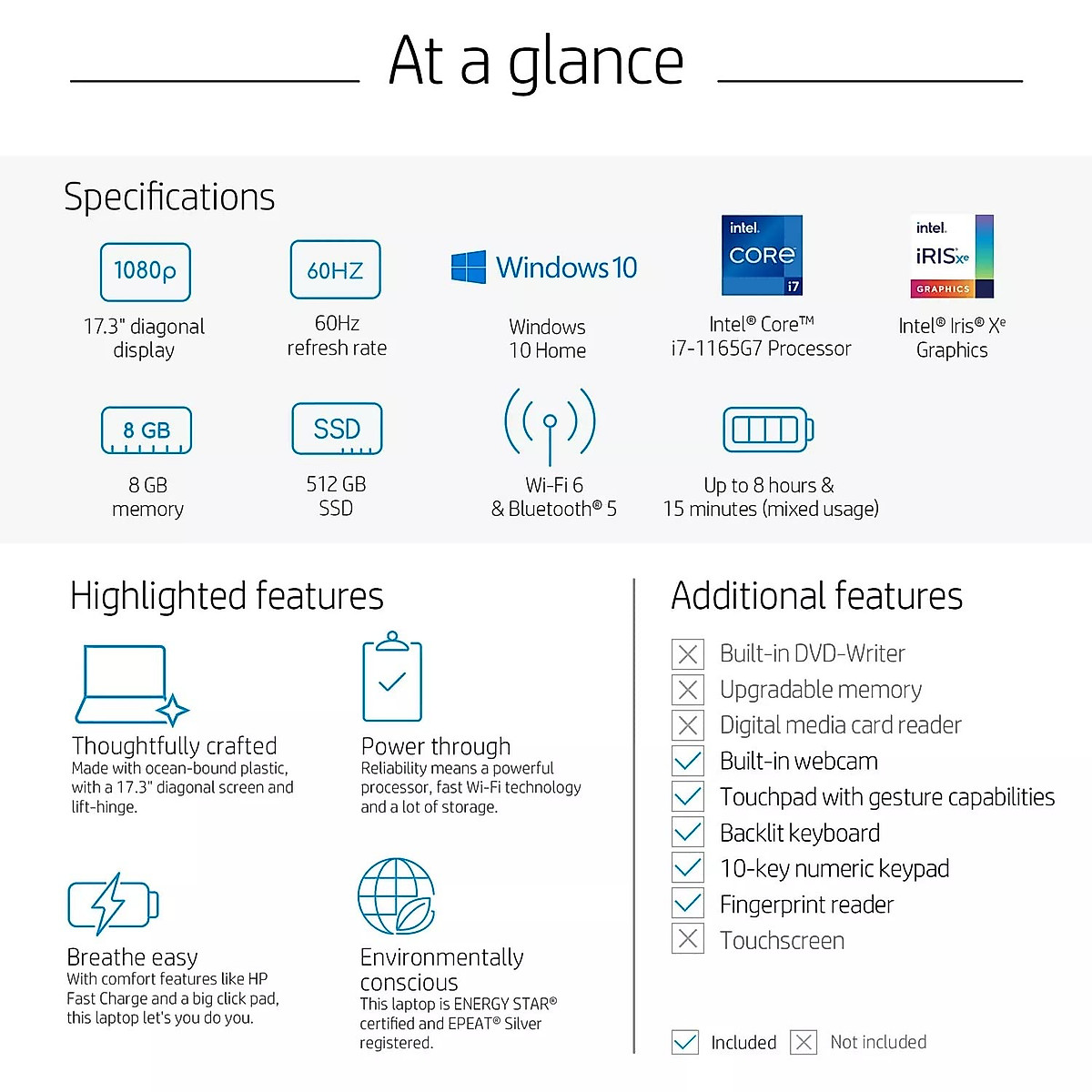 HP 2022 17.3" Full HD IPS Premium Laptop | 11th Generation Intel Core i7-1165G7 | Intel UHD Graphics | 8GB DDR4 | 512GBSSD | Windows 10 Home | Silver |