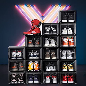 MUKIRAN HOME 12 Pack Shoe Storage Boxes, Shoe Box Clear Plastic Stackable, Drawer Type Front Opening Shoe Holder Containers (Black)