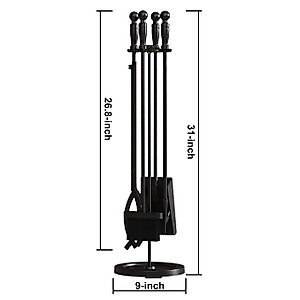 FireBeauty Fireplace Tools Set 5 Pieces Wrought Iron Fire Place Pit Poker Holder 31" H (Black)