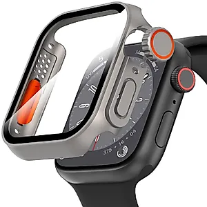 Suoman Apple Watch 44mm Screen Protector, Tempered Glass Case Cover for iWatch Series 6/5/4/SE 2 (Titanium)
