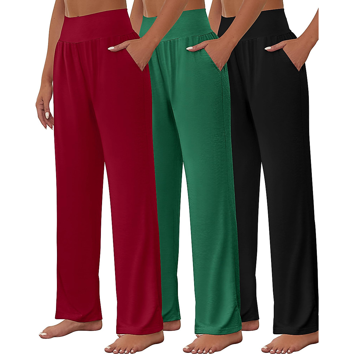 3 Pcs Women's Wide Leg Yoga Pant Comfy Loose Sweatpants High Waist Lounge Casual Athletic Pant Workout Joggers Pant (Black, Green, Red,Large)