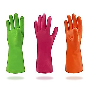 Cleanbear Synthetic Rubber Gloves, Medium Size, 11.8 Inches, 3 Pairs 3 Colors for Spring Cleaning, Dishwashing and Other Home Cleaning Use