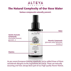 Alteya Organics Rose Water USDA Certified Organic Facial Toner, 3.4 Fl Oz/100mL Pure Bulgarian Rosa Damascena Flower Water, Award-Winning Moisturizer Miron Biophotonic Glass Spray Bottle