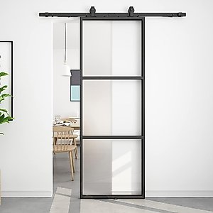 BARNSMITH 30in x 84in Frosted Glass Barn Door with 5FT Top Mounted Hardware kit Include Soft Close Mechanism Black Carbon Steel Tempered Frosted Glass Sliding Door,Assemble Required Easy Installation