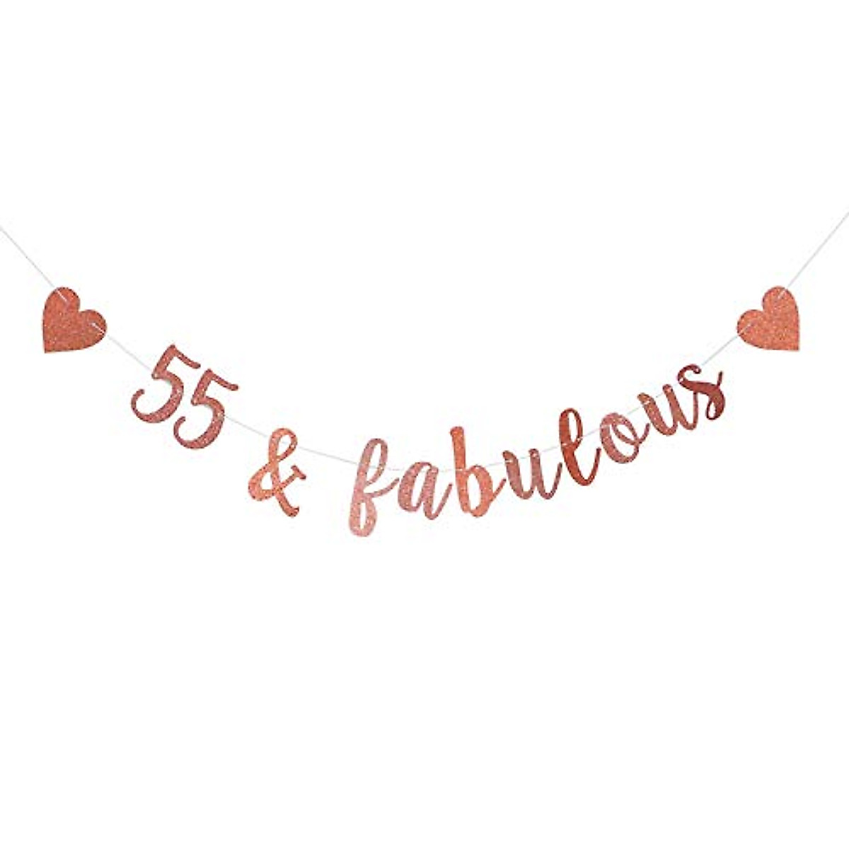 55 & Fabulous Banner, Happy 55th Birthday Bunting Sign, Hello 55/Cheer to 55 Years Birthday/Anniversary Party Decoration Supplies, Rose Gold Glitter