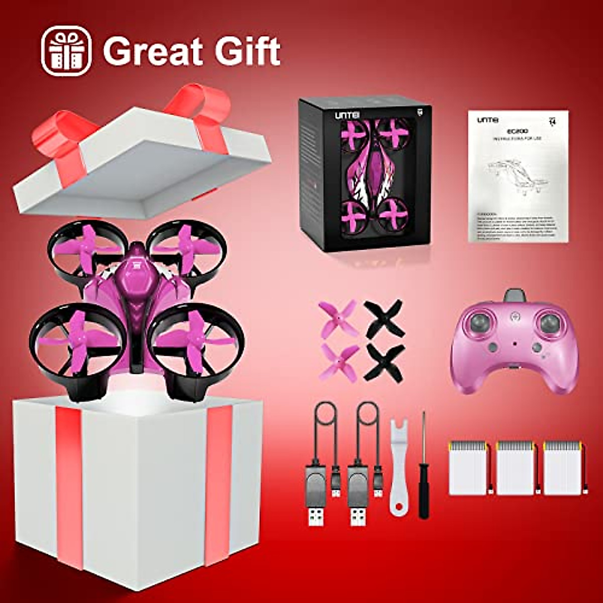 UNTEI 2 In 1 Mini Drone for Kids Remote Control Drone with Land Mode or Fly Mode, LED Lights,Auto Hovering, 3D Flip,Headless Mode and 3 Batteries,Toys Gifts for Boys Girls (Harbor Pink)