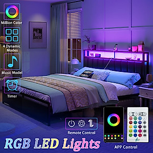 AMERLIFE LED Bed Frame with Drawers, Queen Platform Bed Frame with 2-Tier Storage & Leather Upholstered & Charging Station Headboard, No Box Spring Needed, Easy Assembly, Noise Free, Black