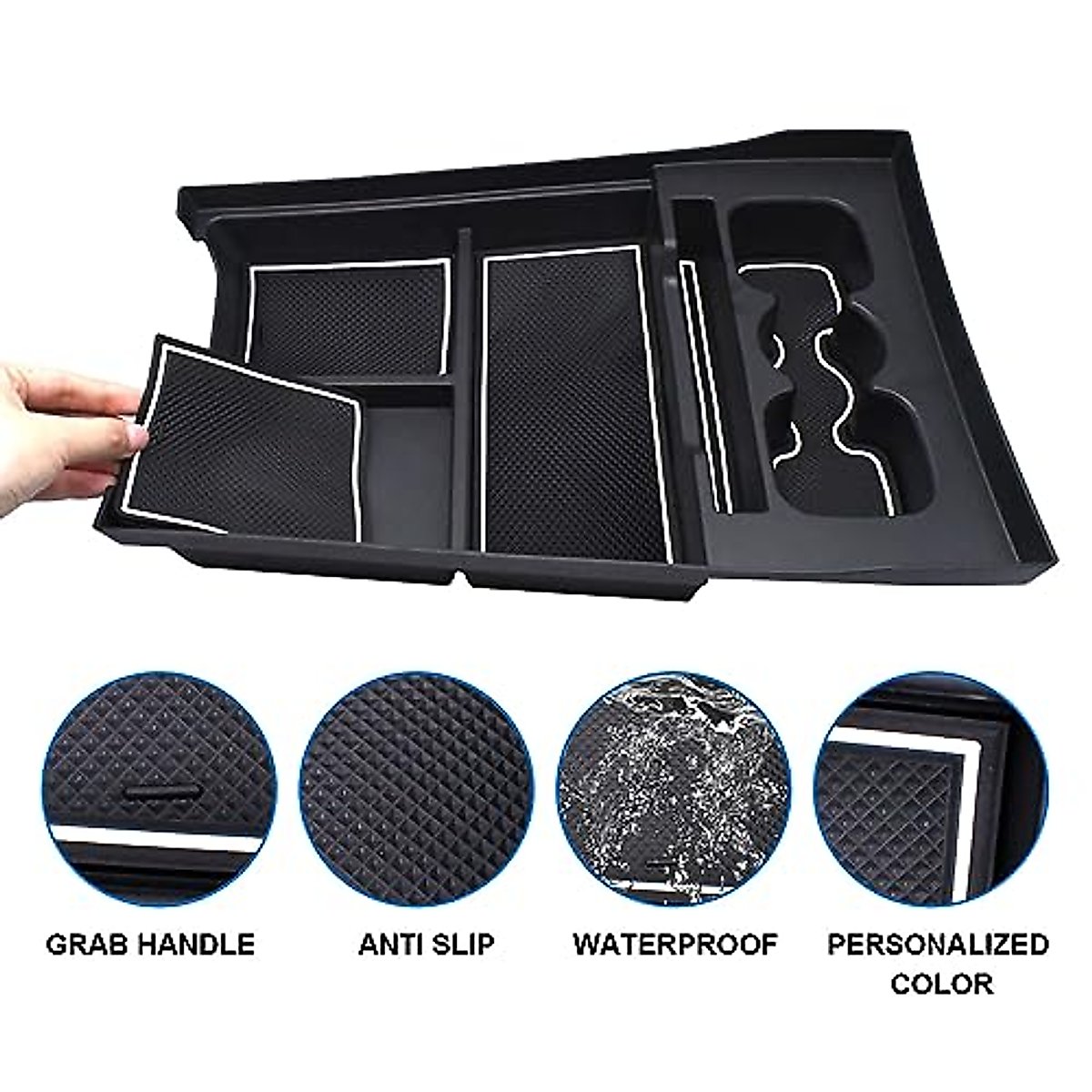 Lower Center Console Organizer for Rivian R1T & Rivian R1S Floor Storage Insert Box with White PVC Trim Rivian Organizer Tray with Cup Holder Compatible with Rivian R1T R1S 2022 2023