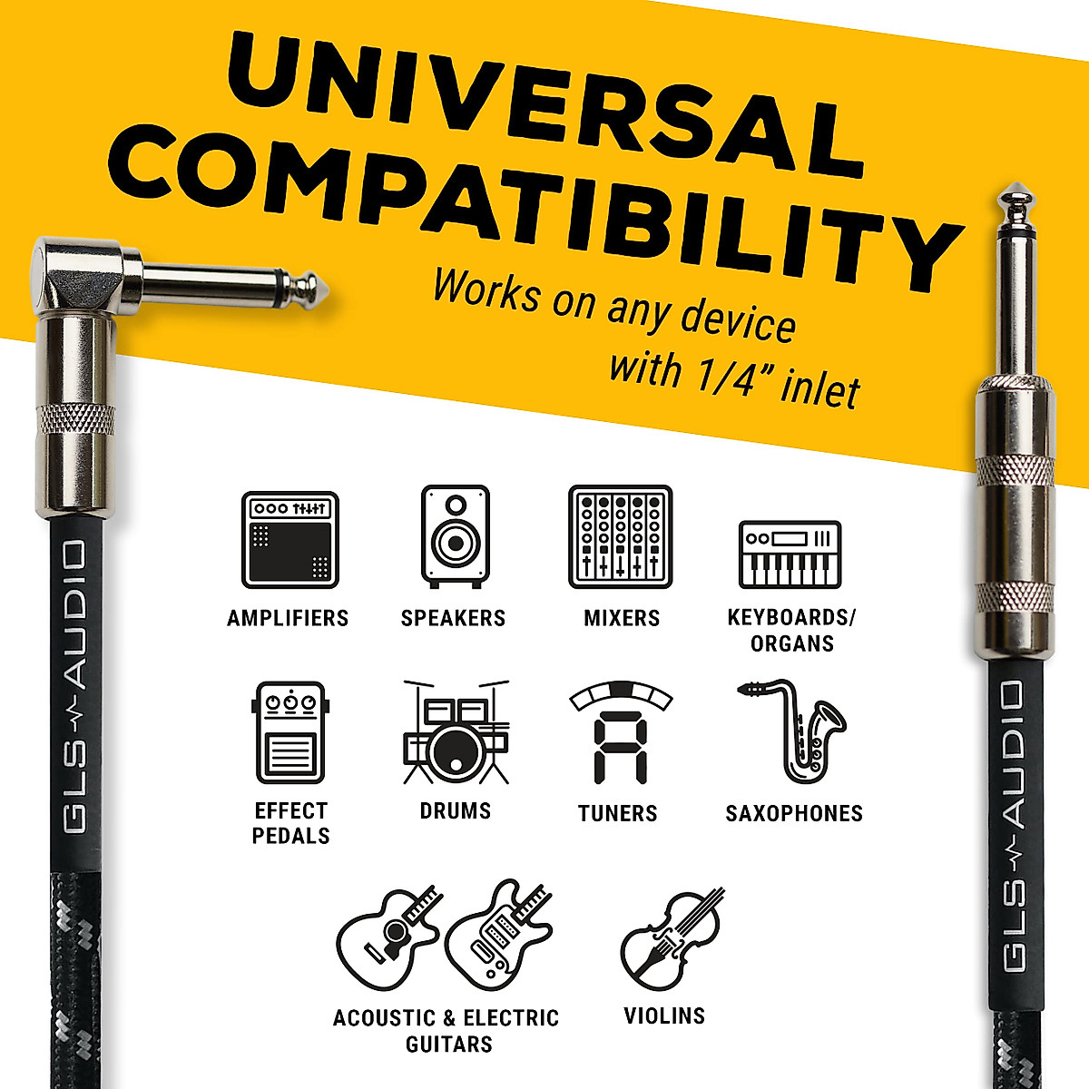 GLS Audio Instrument Cable - Amp Cord for Bass & Electric Guitar - Straight to Right Angle 1/4 Inch Instrument Cable - Black/Grey Braided Tweed, 10ft