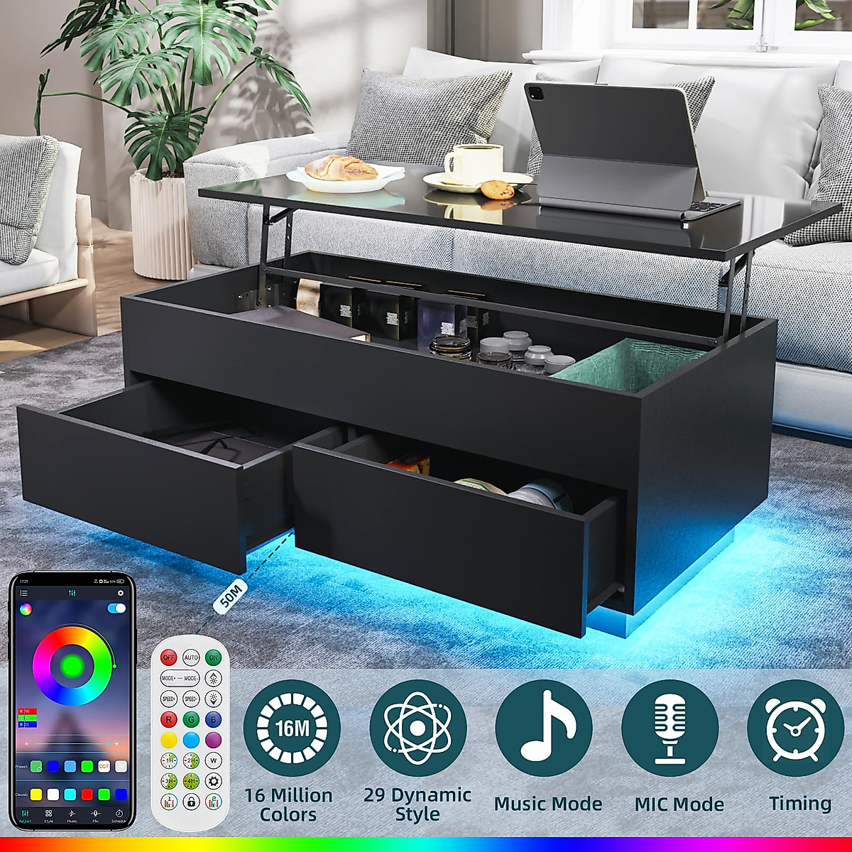 HOMMPA 40'' Lift Top Coffee Table, Black Coffee Tables with Storage for Living Room, LED Modern Coffee Table, Flip Top Center Table with 2 Drawers & Hidden Compartment, Lift Up Wooden Coffee Table