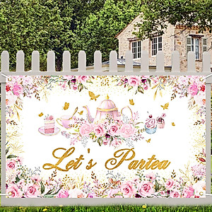 Avezano Tea Party Backdrop Floral Butterfly Glitter Let's Partea Banner Afternoon Tea Baby Shower Birthday Party Decorations 70.8 x 43.3 Inch (Pink)