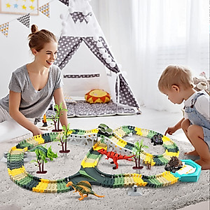 EpochAir Dinosaur Toys, 192pcs Create A Dinosaur World Road Race, Flexible Track Playset and 2 Pcs Cool Dinosaur Cars, 3pcs Dinosaurs for 3 4 5 6 7 8 Year Old Boys Girls Kids Best Birthday Gifts