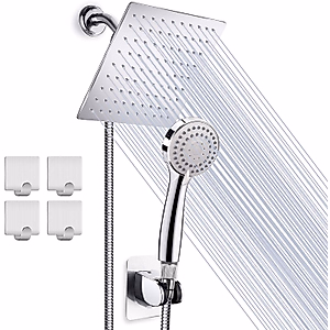 Shower Head, High Pressure 8'' Rainfall Stainless Steel Shower Head/Handheld Combo with 60'' Hose Anti-leak Shower Head with Holder, Flow Regulator, Chrome, 4 Shower Hooks (8'' Showerhead Set, Sliver)