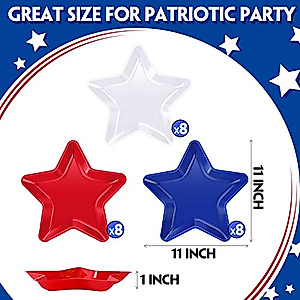 24 Pcs Patriotic Star Shaped Plates 4th of July Dessert Plate Red White Blue Reusable Plastic Snack Tray Platter for Cookies Chips Independence Day Memorial Day Veterans Day Party Supplies, 11 Inch
