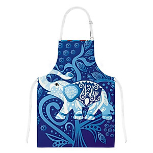 U-Life Apron with Pocket Oven Mitt Pot Holder Set Elephant Mandala Vintage Blue