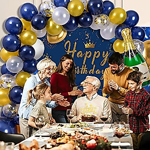 MOVINPE Navy Blue Gold Birthday Party Decorations, Birthday Photography Backdrop Banner Party Tablecloth Confetti Balloons Arch Garland Cake Topper for Bday Party Supplies Deocr
